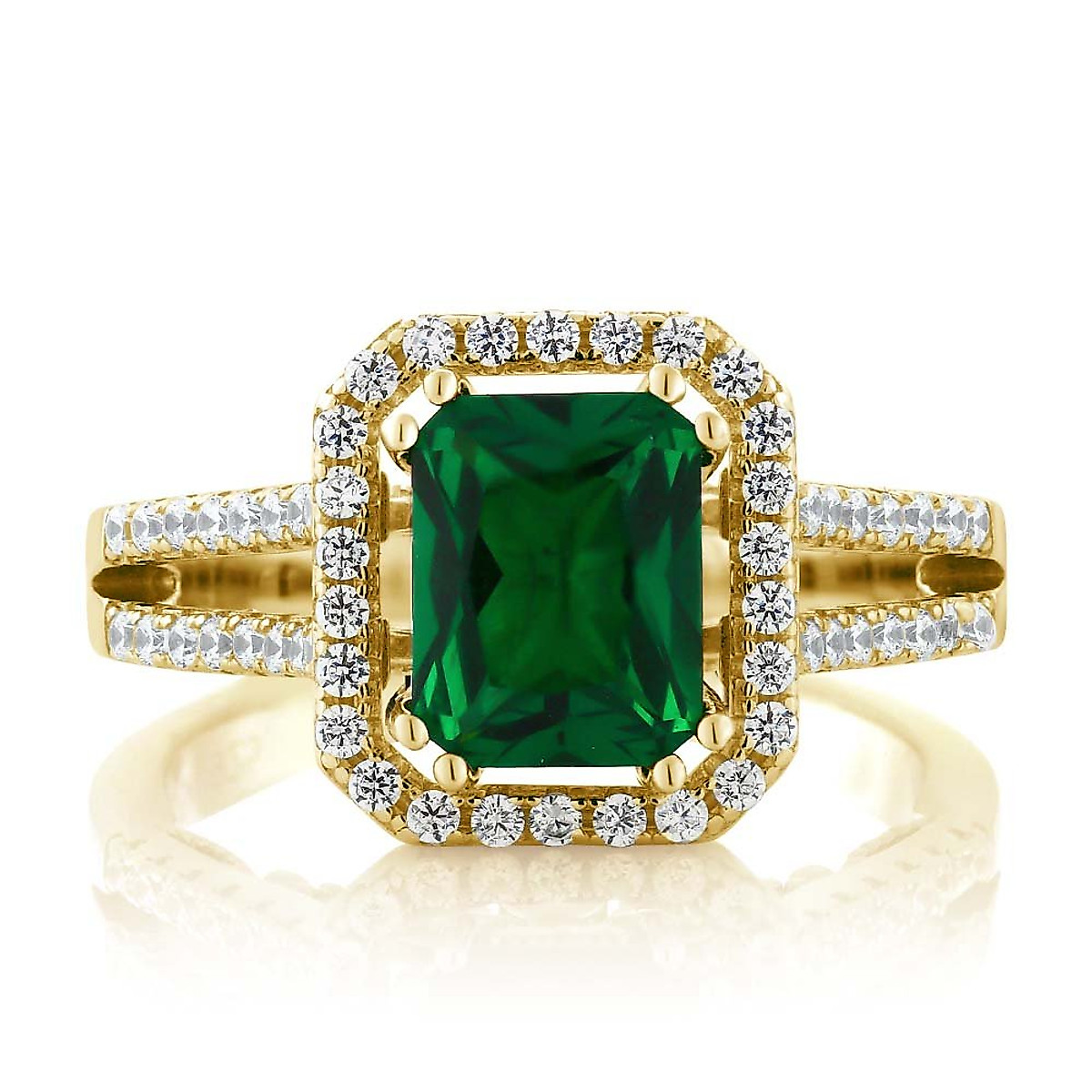 Gem Stone King 18K Yellow Gold Plated Silver Green Simulated Emerald Ring For Women | 2.78 Cttw | Emerald Cut 9X7MM | Available in size 5, 6, 7, 8, 9
