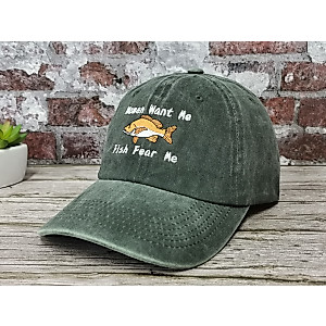 Hepandy Women Want Me Fish Fear Me Embroidered Washed Army Green Baseball Caps for Men, Embroidery Snapback Trucker Hat Adjustable Dad Hats Unisex