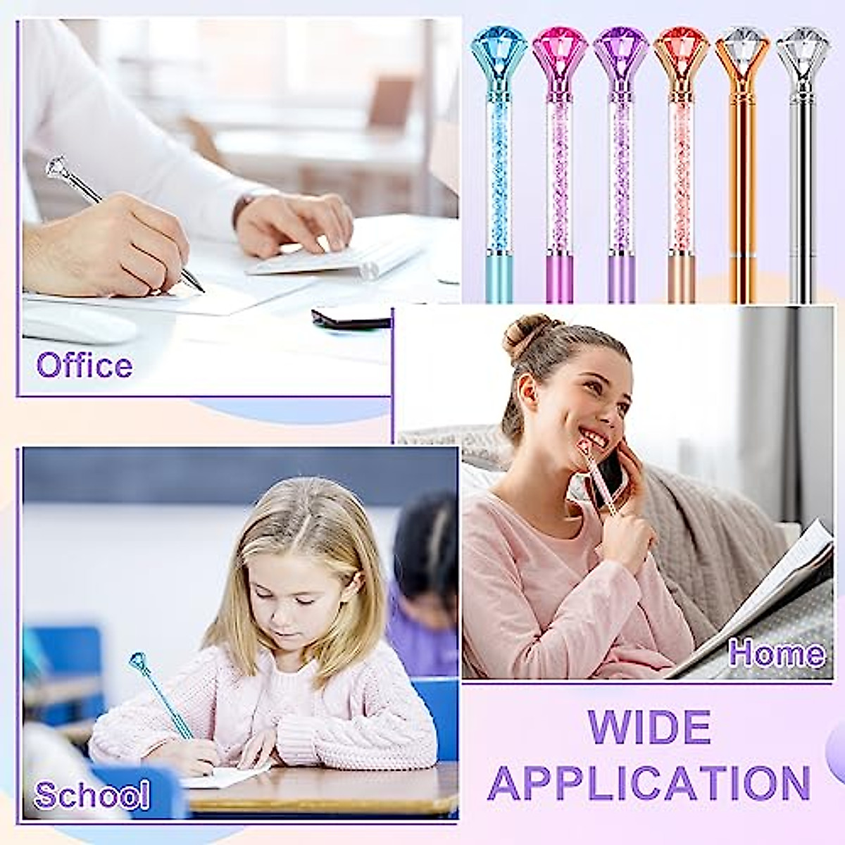 6 Pcs Diamond Pens with Crystal,Pens with Diamonds on Top, Diamond Pens Bulk including Black Ink Pen Refill, Diamond Top Pens for Office School Home