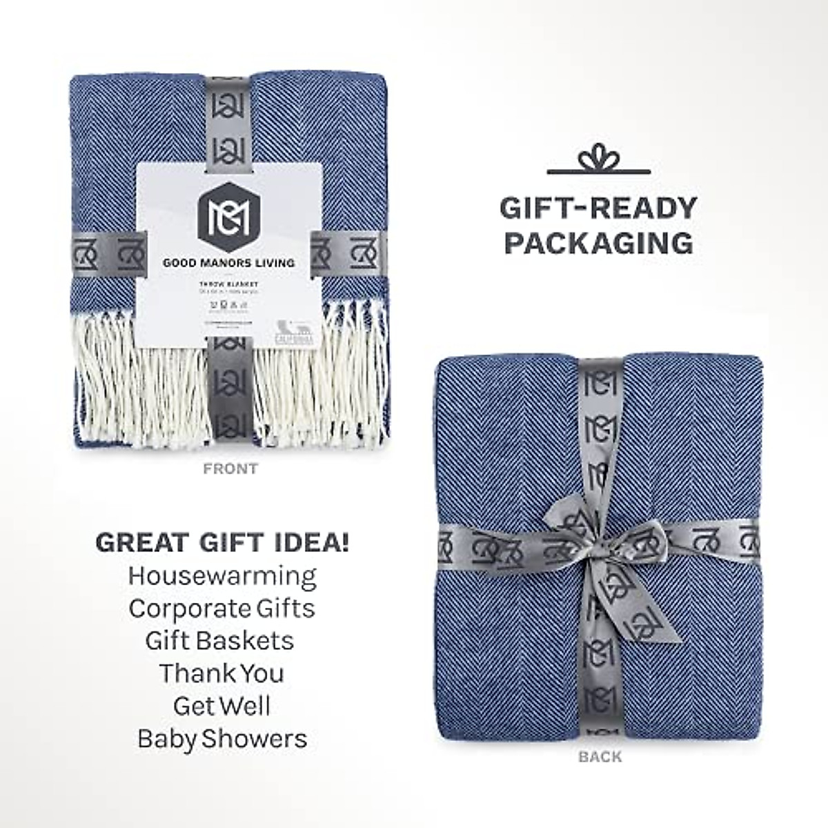 Herringbone Blanket - Chevron Pattern - Turkish Boho Chic - Soft Woven Throw Blanket with Decorative Fringe - Lightweight for Bed, Sofa, Chair, Office, Outdoor - 50 x 60 in. (Navy Blue)