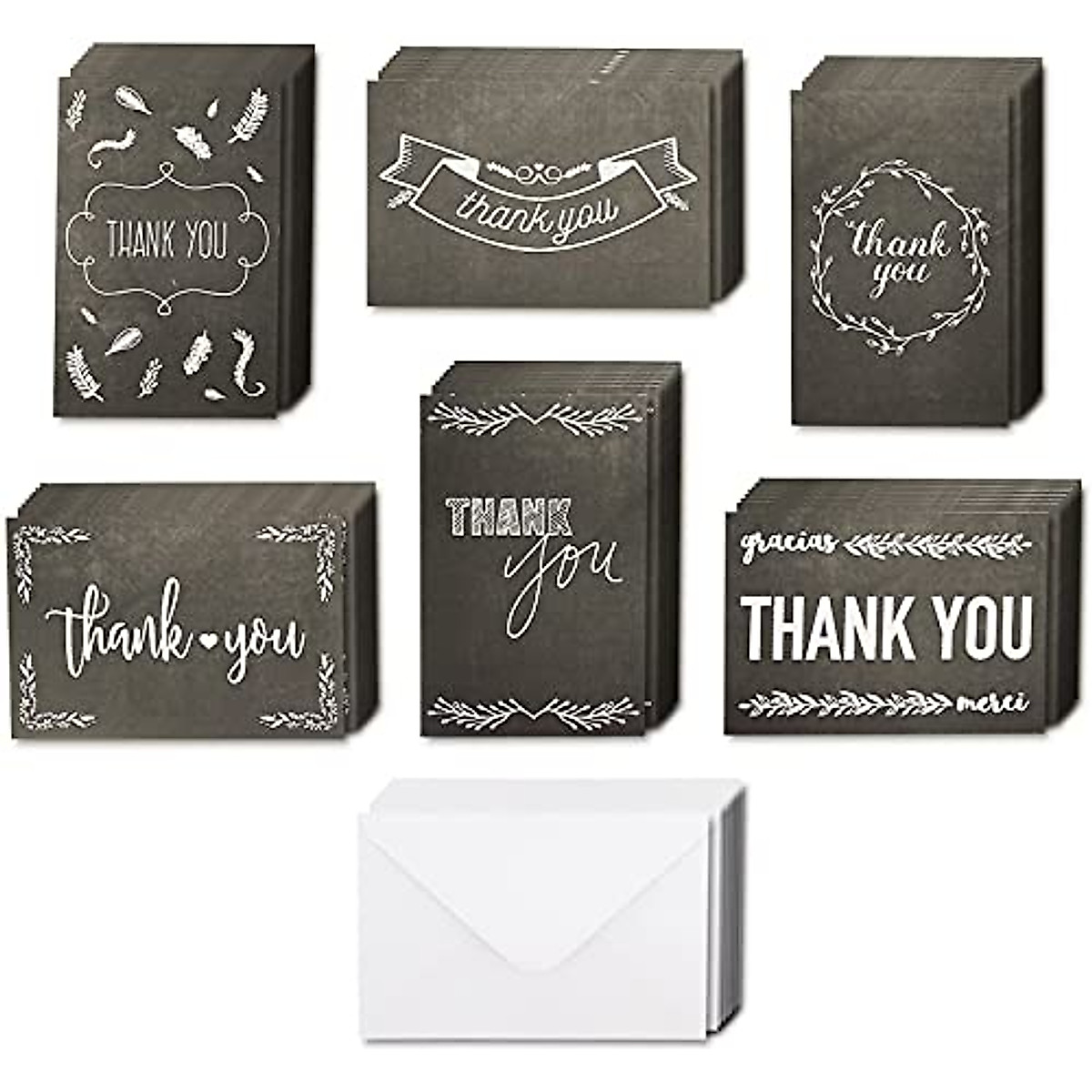 144-Count Thank You Cards with Envelopes, Blank 6 Assorted Bulk Thank You Greeting Notes Black and White Chalkboard Designs for Graduation Baby and Bridal Shower Birthday Wedding Party, 4 x 6 inches