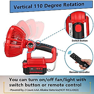 WaxPar Camping Fan For Craftsman Fan Cordless Jobsite Fan, USB Floor Fan Industrial fan with Light Compatible with Craftsman 14.4-20V Li-Ion Battery, Remote, 3 Wind/Brightness Modes, Timer
