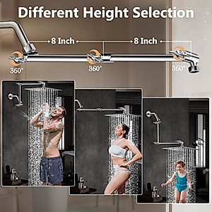 Dual Shower Head, 10'' High Pressure Rain Shower Head with 16'' Upgraded Adjustable Extension Arm, 3+1 Settings Handheld Spray,Built-in Power Wash,Retractable 60'' Shower Hose, 3-Way Diverter, Chrome