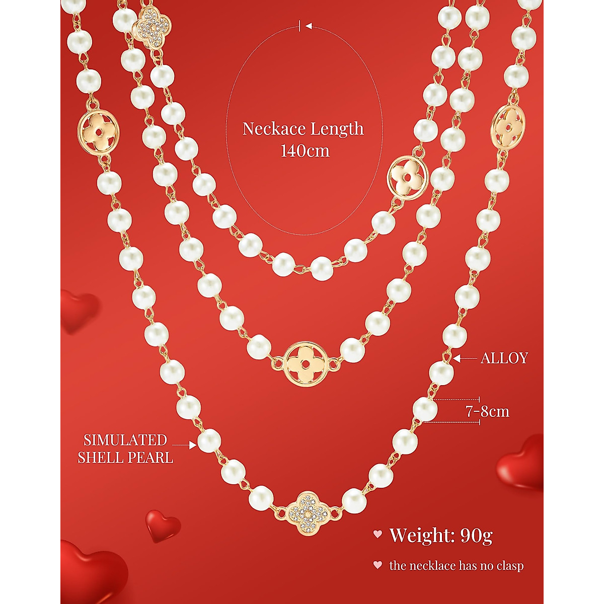 IDOKAWA 8MM Round Simulated Shell Pearl Strand Layered Necklace for Women, Dainty Multiple Strands Long Necklace for Party, Vintage Costume Jewelry