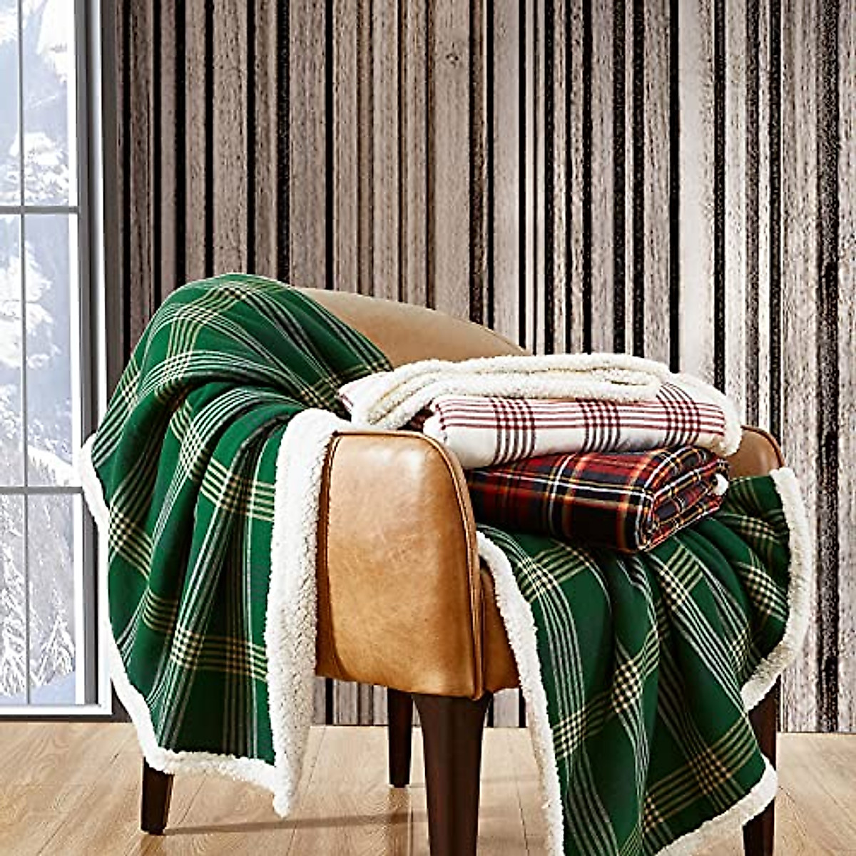 Eddie Bauer - Throw Blanket, Cotton Flannel Home Decor, All Season Reversible Sherpa Bedding (Union Bay Red, Throw)