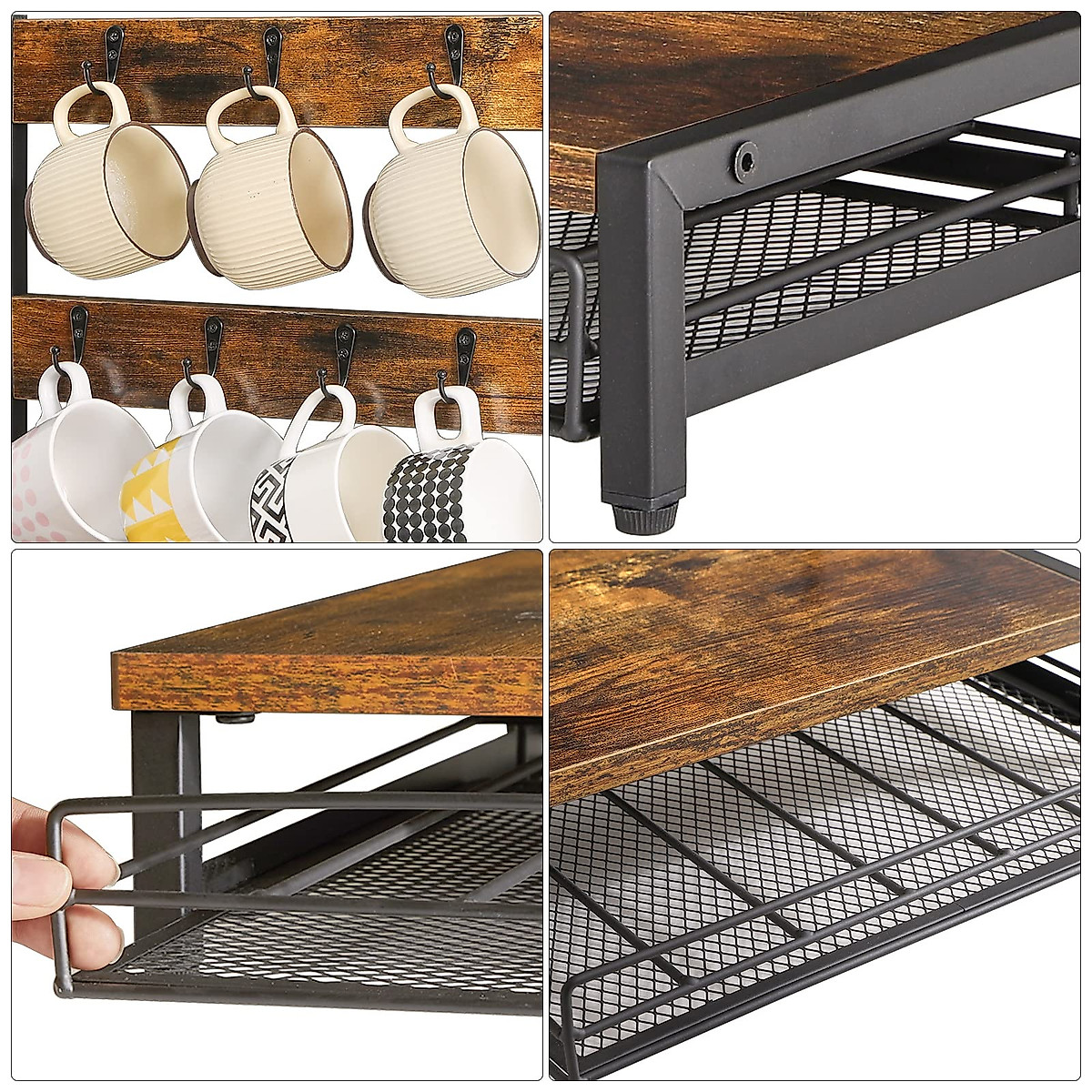 IBUYKE Coffee Pod Drawer, Rustic Coffee Mug Holder Stand, 35 Capsule Capacity, Coffee Station Organizer with Mug Hooks, 2 Tier Countertop Mug Tree Holder Rack TCJ003H