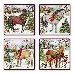 Winter Horses Christmas Envelope Seals (4 Designs) - Set of 144 1-1/2" diameter Self-Adhesive, Flat-Sheet holiday sticker Seals