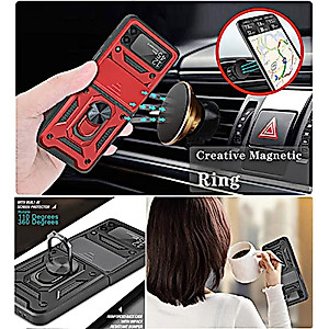ONOLA for Galaxy Z Flip 3 Case with Slide Camera Cover, with 360°Rotate Ring Magnetic Kickstand Military Heavy Duty Protective Case for Samsung Galaxy Z Flip 3 5G (Red)