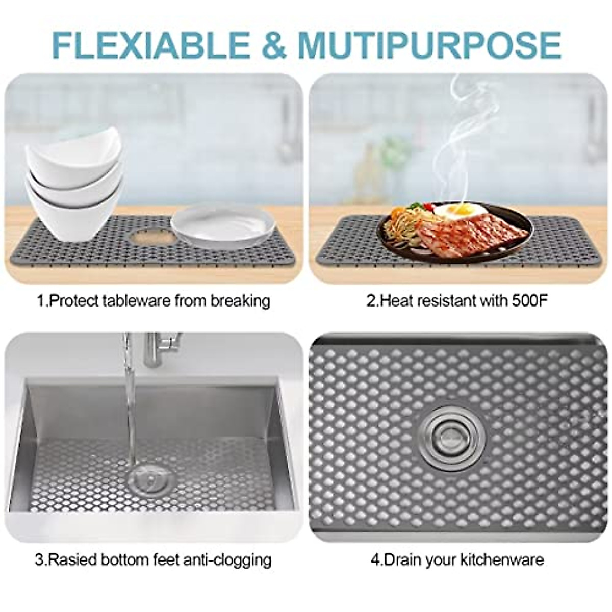Silicone Sink Protectors for Kitchen - UFU Grey Silicone Sink Mat Grid Accessory with Center Drain, Kitchen Sink Protector（24.8"x 12.9"）