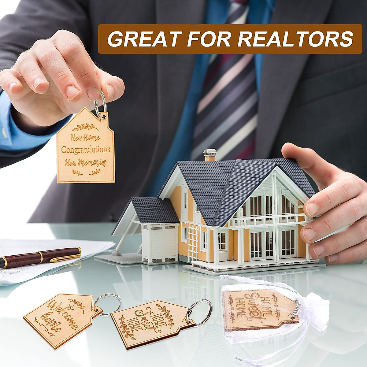 Yinkin 48 Pcs New Home Keychain Bulk Welcome Home Wood House Keychain Cute Home Keychain New Home Key Ring Decoration with Organza Bags for Real Estate Gifts Family Client Home Buyer Customer