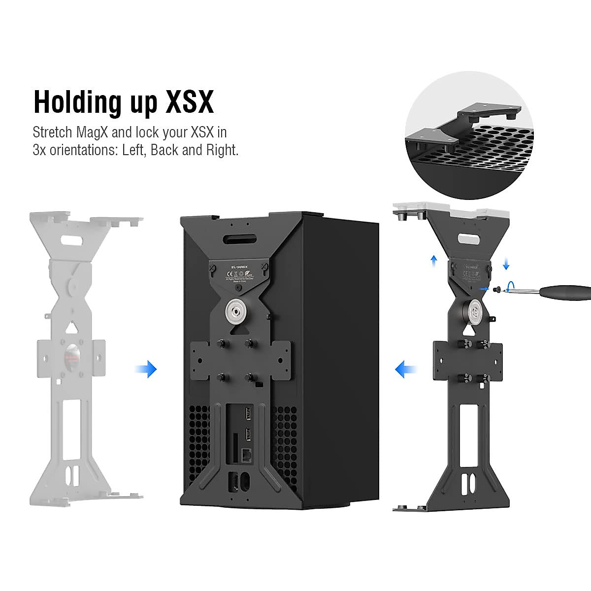Magnetic Wall Mount for Xbox Series X, Metallic Support Bracket with Gaming Headset Hook, Magnets and Built-in Level Design - Mount XSX Vertical, Horizontal or Under The Desk