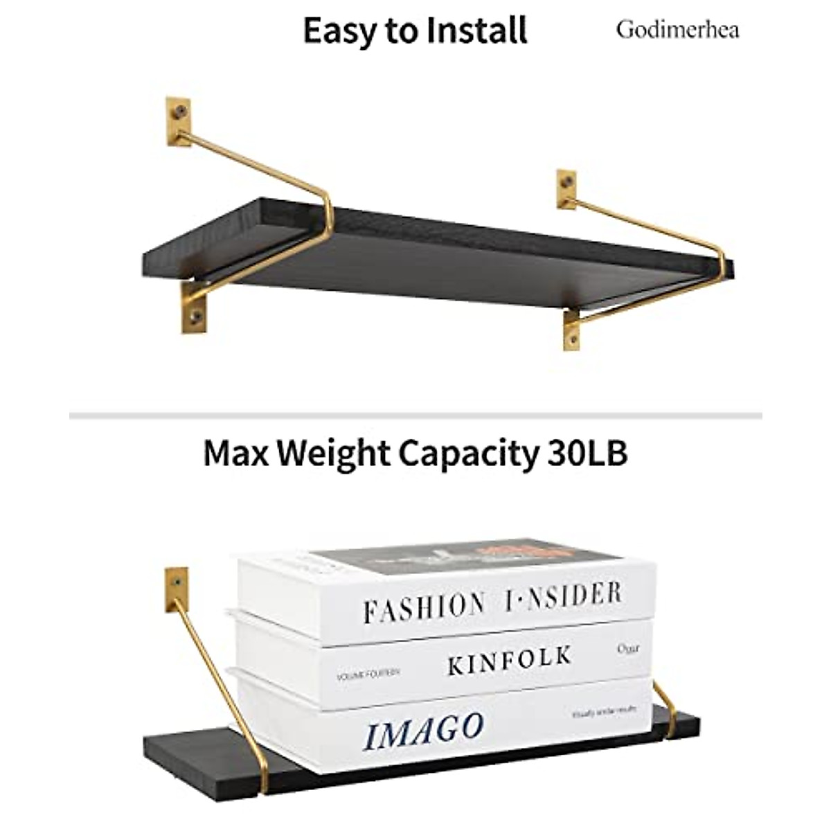 Godimerhea Black Floating Shelves for Wall, Set of 2 Wall Mounted Hanging Wood Shelf with Gold Brackets, Modern Luxury Decor Organizers Storage Shelves for Bathroom, Living Room, Bedroom