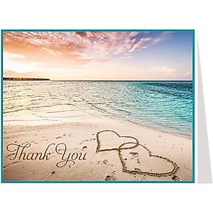 Beach Thank You Cards Folding Thank You Notes Sand Drawing Hearts of Love Sunset Sunrise Ocean Horizon Seaside Bridal Shower Baby Sprinkle Birthday Party Gratitude Stationary Thanks (24 count)
