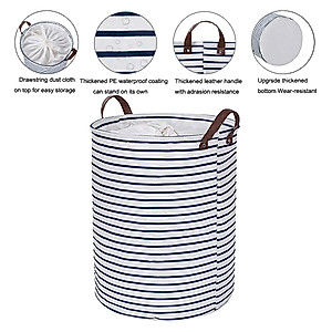 FRIENDIY Large Laundry Hamper, Removable Laundry Basket, foldable fabric laundry basket, drawstring waterproof round cotton linen storage basket. (Blue Strips, 17.7"/Medium)
