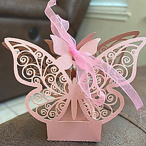 JANOU 24pcs Butterfly Candy Boxes Laser Cut DIY Paper Box with Ribbons for Wedding Bridal Birthday Baby Shower Party Suppliers (Pink)