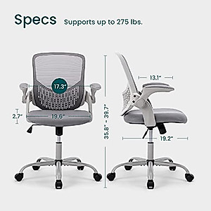 Office Chair, Desk Chairs Mesh Computer Desk Chair with Wheels Ergonomic Office Chair Height Adjustable Swivel Task Chair with Mid Back, 90° Flip-up Arms and Lumbar Support, Grey