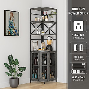 Aufvolr Wine Bar Cabinet with Power Outlet, 6-Tiers Industrial Wine Cabinet with LED Light and Glass Holder, Corner Bar Cabinet with Adjustable Shelf and Mesh Door, Liquor Cabinet Bar for Home