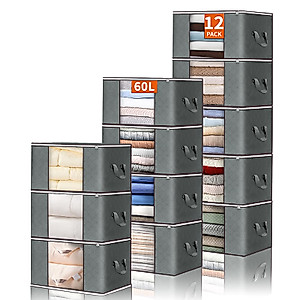 12 Pack Blanket Storage Bags with Zipper, Foldable Packing Bags for Moving Bags, Storage Bags for Clothes with Handles, Closet Organizers and Storage for Clothing, Sheet, Comforter, Bedding,60L, Grey