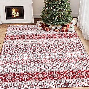 WondRg Christmas Area Rug 5x7 Red Snowflake Holiday Decorative Living Room Bedroom Throw Rug Washable Non Slip Soft Low Pile Carpet for Kitchen Entryway Dining Room Bathroom Home Decor