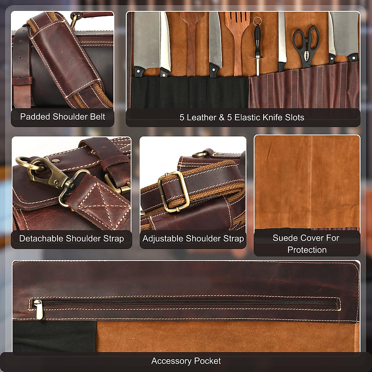 Tolredo Top Grain Buffalo Leather Chef Knife Roll Case 10 Slot and 1 Zipper Pocket for Culinary Storage Portable Bag with Detachable Shoulder Strap (Walnut, 29.5" X 20")