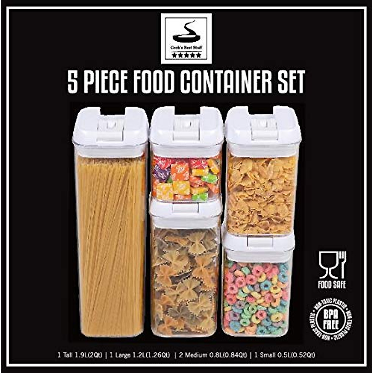 Airtight Food Storage Container Set of 5 by CooksBestStuff - SAFETY FIRST - BPA Free - Meets FDA Food Contact Requirements - Pasta Rice Noodles Easy Open Close Canisters DURABLE NEW STRONG HANDLES - SpaceSaver SNACKS