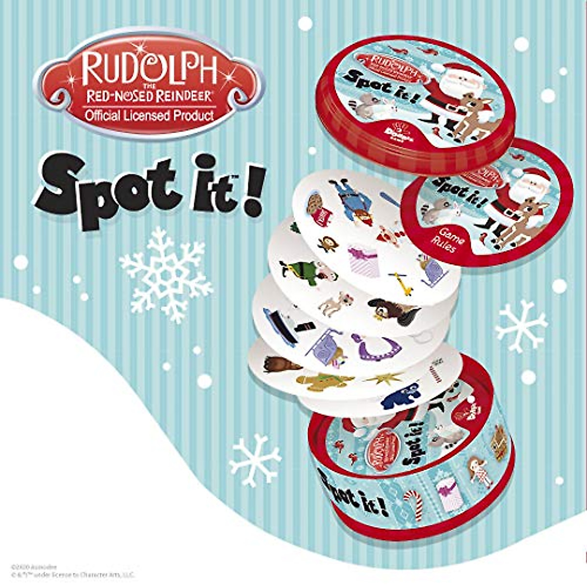 USAOPOLY Spot It! Rudolph | Fun Card Game for Kids and Adults | Featuring Rudolph, Santa Claus, Yukon Cornelius, Bumbles and More | Licensed Rudolph The Red Nosed Reindeer Game