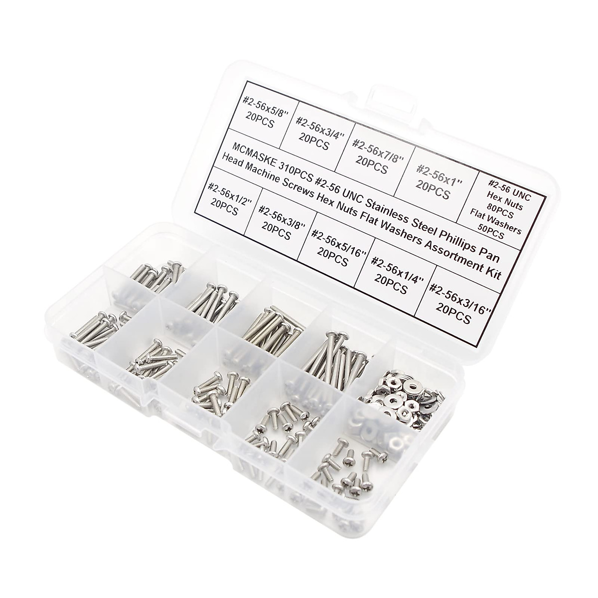 MCMASKE 310PCS #2-56 UNC Stainless Steel Phillips Pan Head Machine Screws Hex Nuts Flat Washers Assortment Kit