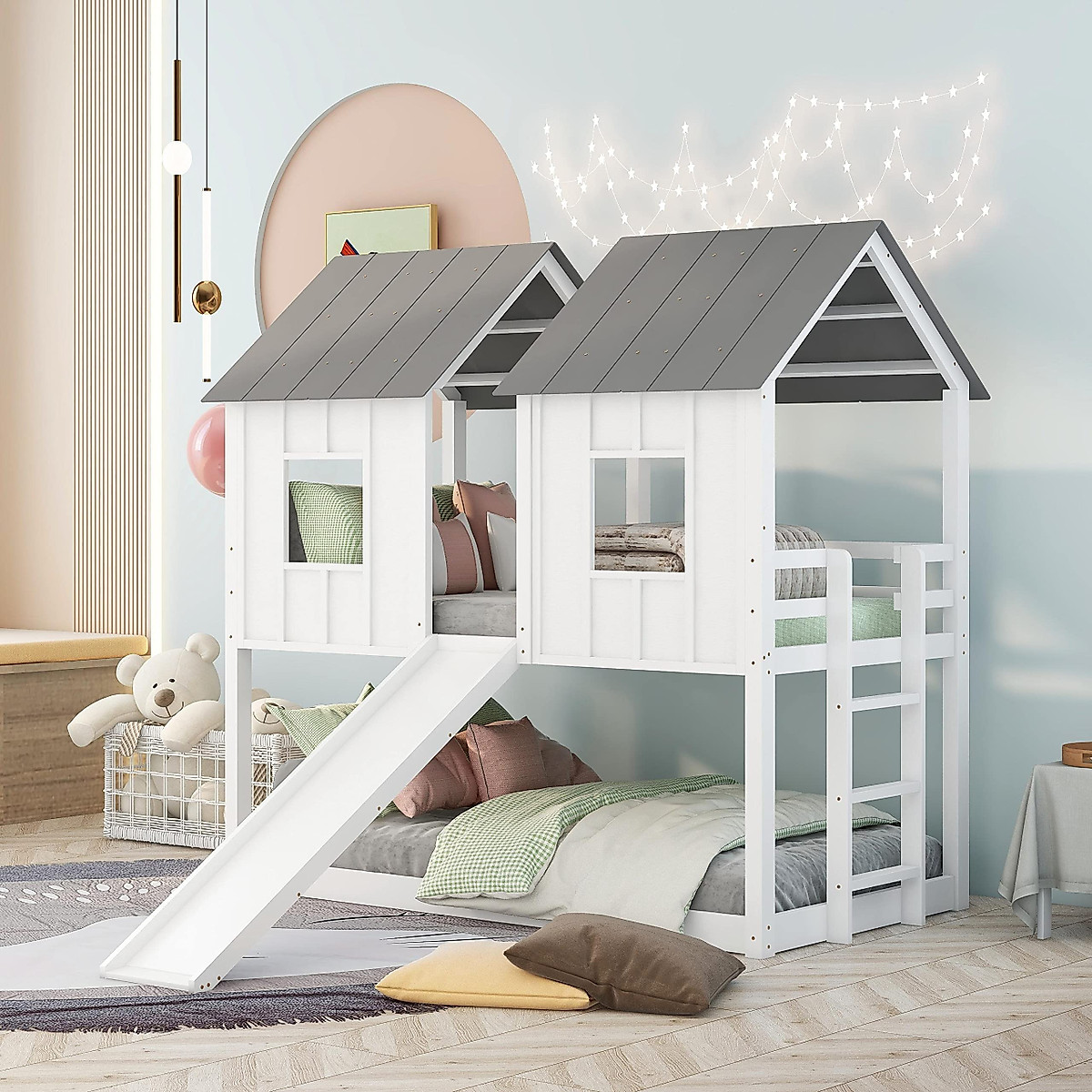 MERITLINE Twin Over Twin House Bunk Bed with Slide, Wooden Bunk Bed with Roof and Windows for Kids Teens Girls Boys – White