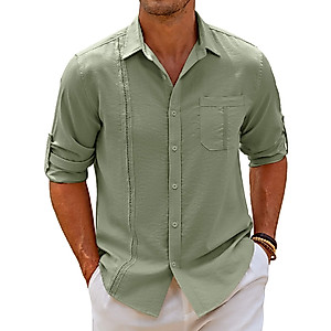 COOFANDY Guayabera Shirts for Men Long Sleeve Linen Cuban Shirts for Men Casual Button Down Shirts Beach Shirts Light Green