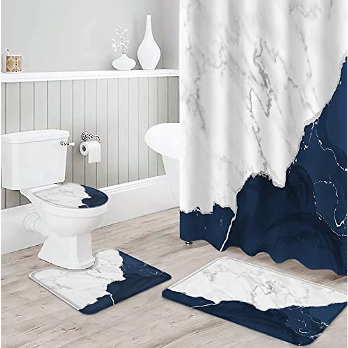 Sabolny Marble Navy Blue 4Pcs Bath Set Home Decor, Bathroom Waterproof Shower Curtain with Hook, Large Runner Rugs, Toilet Lid Cover and U-Shaped Bath Mat, 66"x72" Aesthetic White Gray Modern Silver