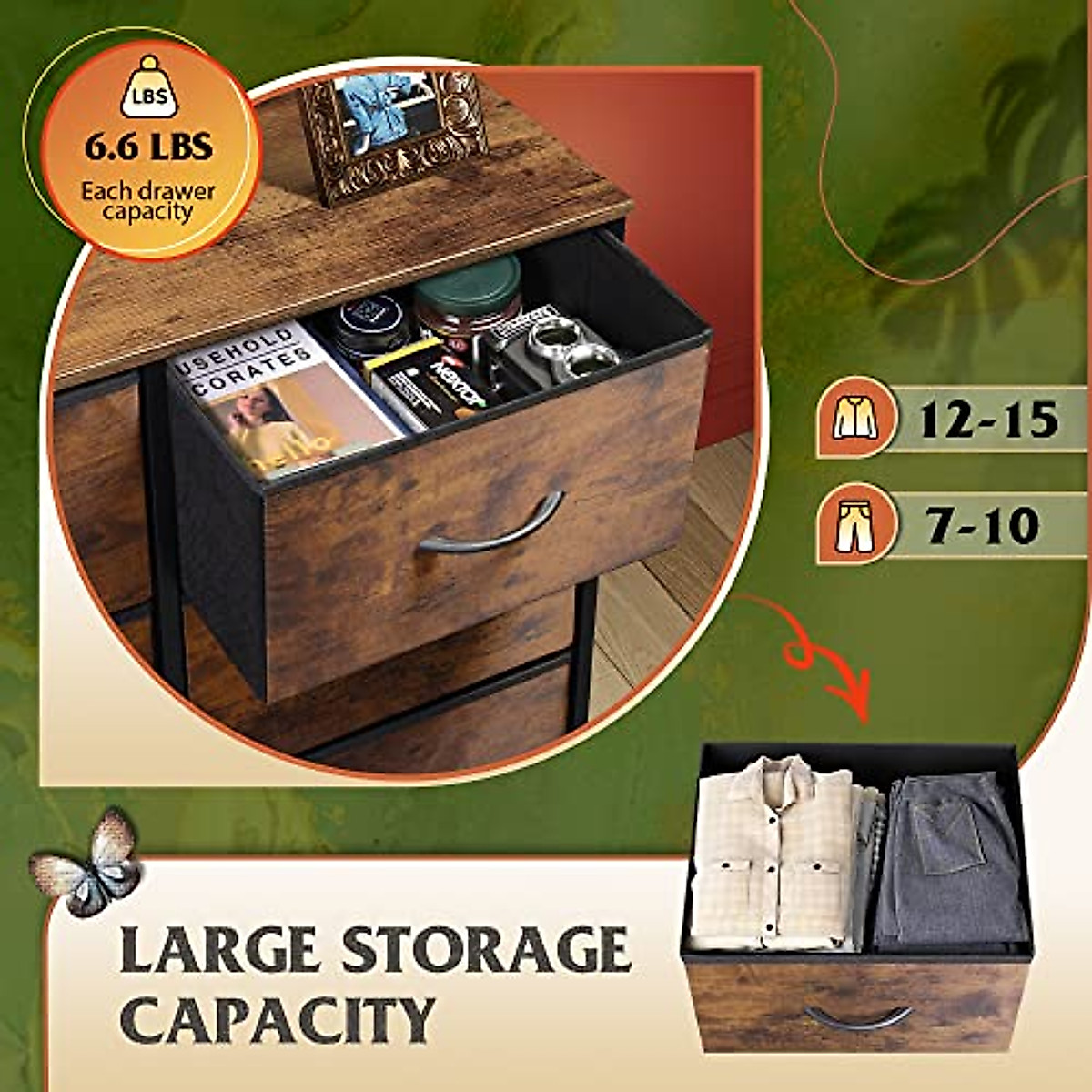 WLIVE Fabric Dresser for Bedroom, Tall Dresser with 8 Drawers, Storage Tower with Fabric Bins, Double Dresser, Chest of Drawers for Closet, Living Room, Hallway, Dorm, Rustic Brown Wood Grain Print