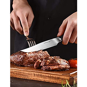 Linoroso Steak Knives, Semi Serrated Steak Knife Set of 4, Sharp Forged German Stainless Steel Steak Knives Set with Exquisite Beech Wood Block, Full Tang, Ergonomic Handle- MAKO Series