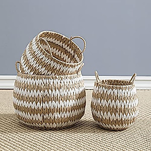 Motifeur Water Hyacinth and Paper Handwoven Basket (Assorted Set of 3, Beige and White)