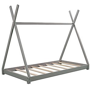 Wood Montessori Floor Bed Frame Twin Size, Twin Floor Bed with Slats and Triangle Structure, Kids Floor Bed Twin Size/Montessori Bed for Kids, Girls, Boys, Twin Bed Frame Gray