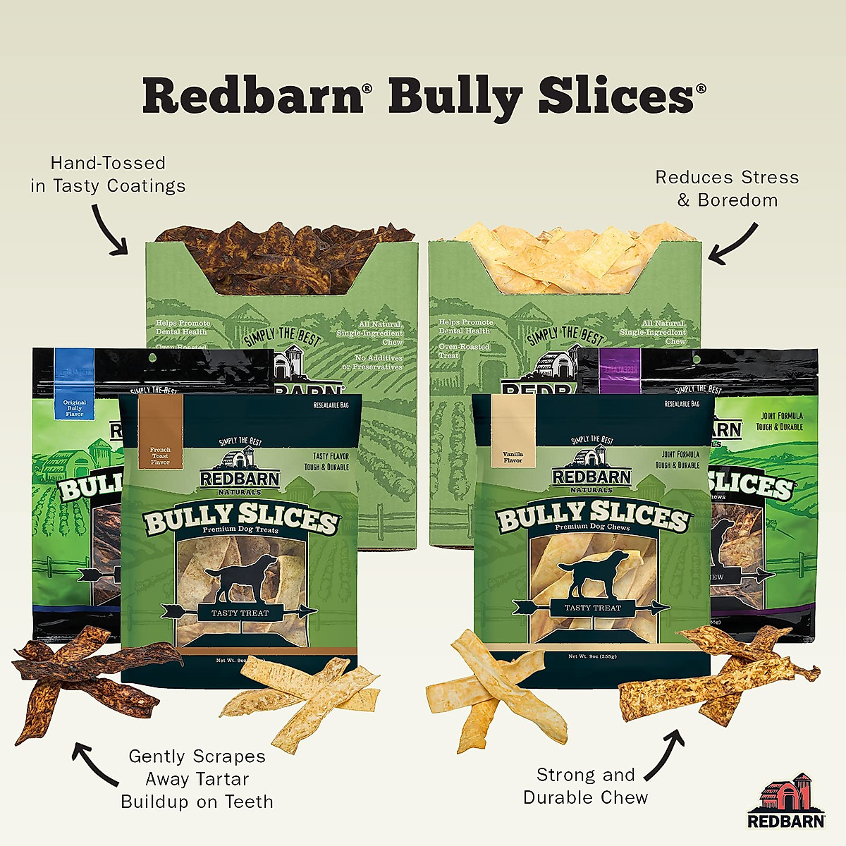 Redbarn Bully Slices for Dogs | Highly Palatable, Long-Lasting Natural Dental Treats with Functional Ingredients, 9 oz. (Pack of 6) - French Toast