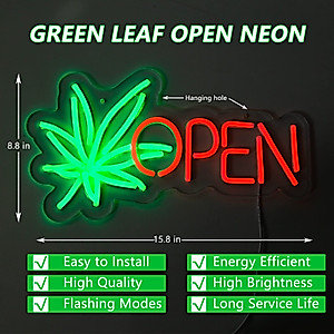 Moodlion Open Neon Sign, Neon Signs for Wall Decor, Dimmable Neon Green Leaf LED Signs for Bedroom Aesthetic, Light Up Neon Signs for Hotel Beer Bar Man Cave Club Pub Party Decorations