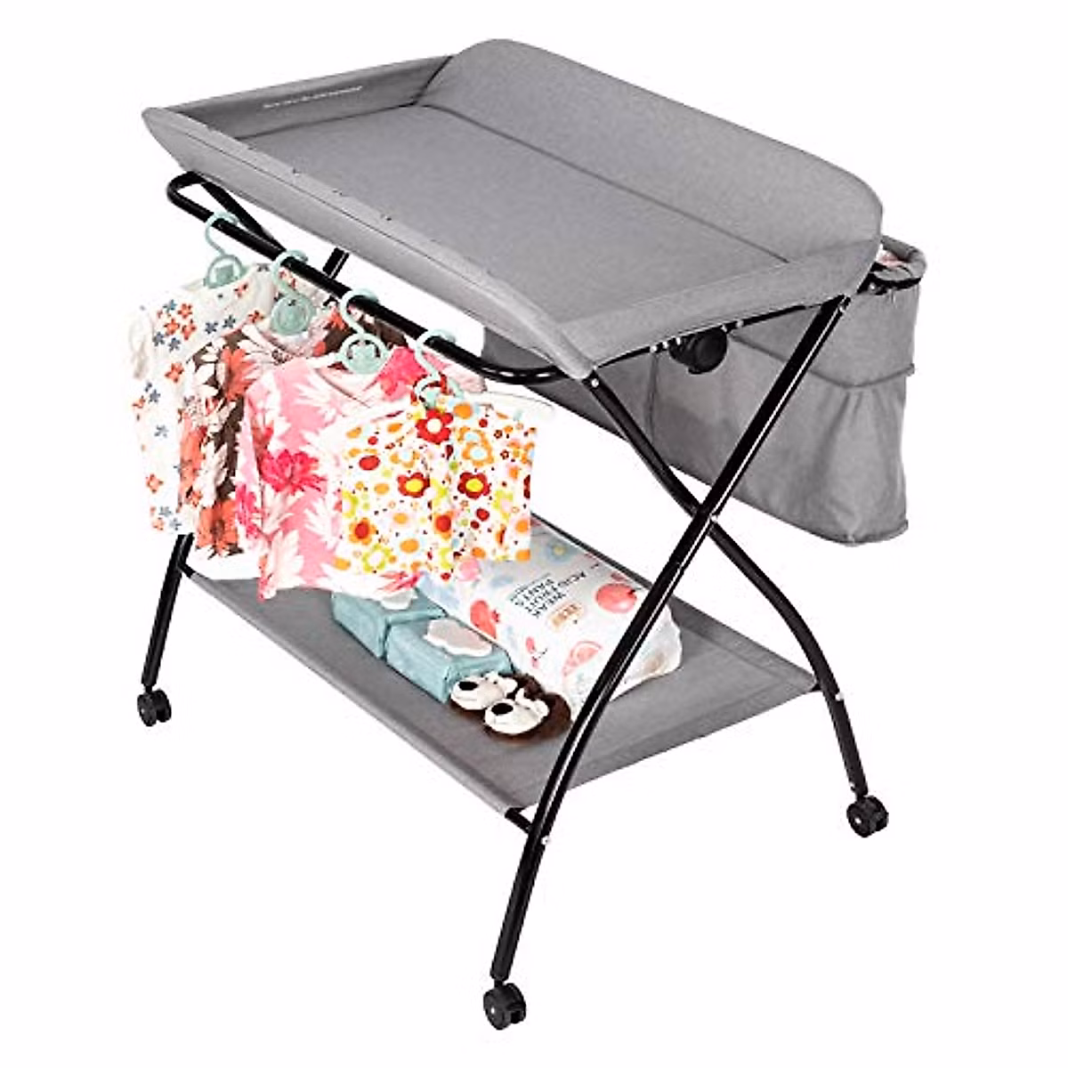 JOYMOR Portable Diaper Changing Station,Folding Baby Changing Table for Infant, Moblie Diaper Changing Table with Wheels, Large Storage Basket ＆ Shelf Portable Nursery Organizer (Grey)
