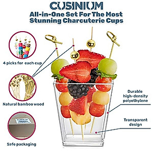 CUSINIUM [50 Cups + 200 Picks 5oz Plastic Charcuterie Cups with Cocktail Picks (2 Types) - Disposable Clear Appetizer Cups