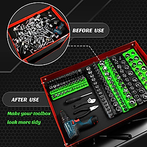 AMNBREI Magnetic Socket Organizer, 6 Piece Set Metric and SAE Magnetic Socket holders Holds 143 Sockets, 1/2-inch, 3/8-inch, 1/4-inch Drive， Attaches to Metal Wall, Organizer Tool Box, Green and Black