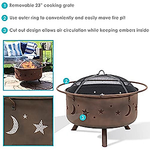 Sunnydaze Cosmic 30-Inch Fire Pit with Cooking BBQ Grill Grate, Spark Screen, and Fireplace Poker - Celestial Design