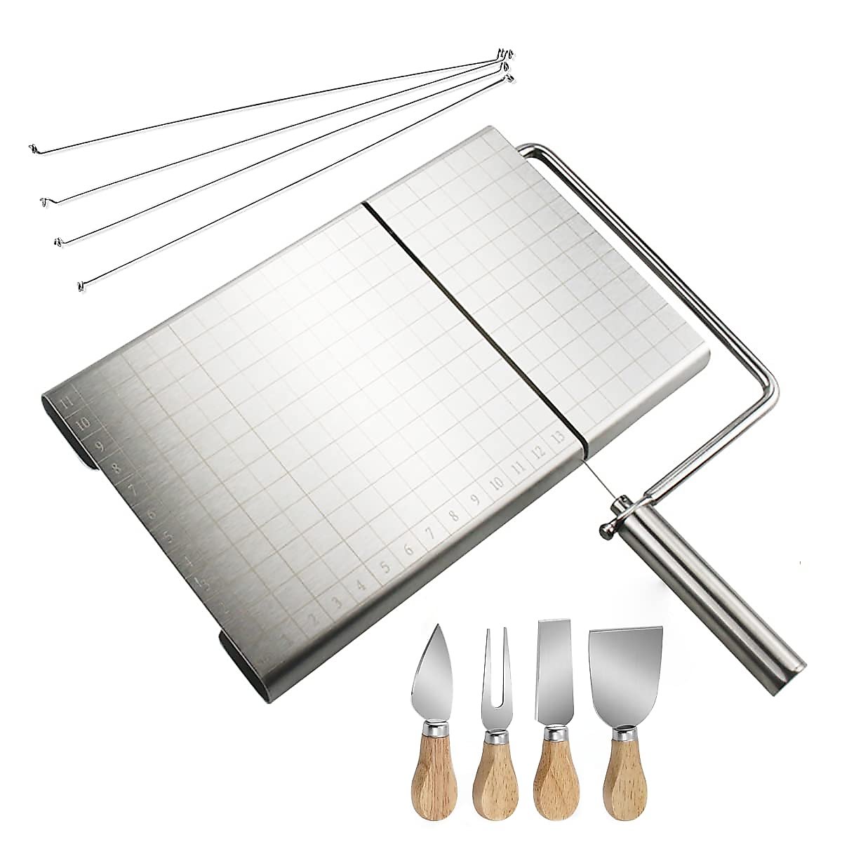 Cheese Slicer Stainless Steel Butter Cutter Cheese Cutter with Precision Scale Plate for Accurate Cuts with Four Replacement Cords and Knife and Fork Set of Four for Cheesecake Butter Sausage