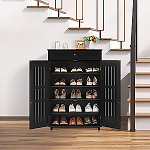 Yaheetech Shoe Cabinet, 5-Tier Shoe Rack Organizer with 1 Drawer, Freestanding Wooden Shoe Storage Cabinet with 2 Louvered Door & Adjustable Shelves for Entryway Hallway, Black