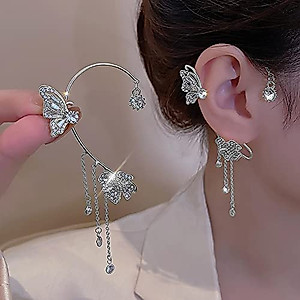 Butterfly Tassel Zircon Ear Clips for Womens Teen Girls Earrings Exquisite Shiny Butterfly No Piercing Studs Earrings