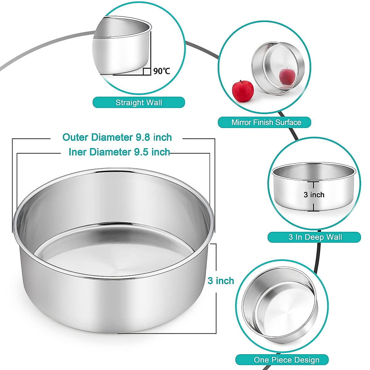 TeamFar Round Cake Pans, 9½’’x3’’ Stainless Steel Deep Tier Baking Cake Pan for Wedding Birthday Party, Non-Toxic & Heavy Duty, Straight & Deep Wall, Mirror Finish & Dishwasher Safe - Set of 2