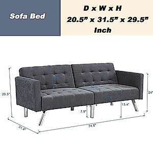 Sofa Bed with Convertible Folding Function, Lounge Couch Loveseat with 3 Adjustable Positions, Sturdy Metal Legs Support, Sleeper Sofa for Living Room Bedroom Apartment Reading Room (Dark Gray)