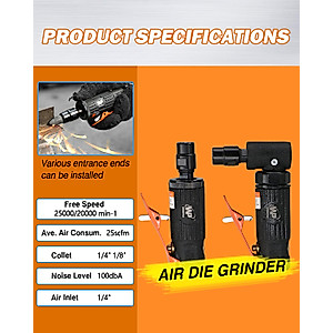 WORKPAD 12PCS Air Die Grinder Set, Straight/Angled Air Die Grinder Kit with 1/4 and 1/8 inch Collets, 10-Pieces Air Die Grinder Stone Set, Pneumatic Tools