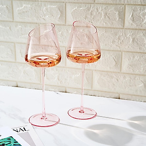Khen Pink Wine Glasses Gift | Set of 2 | Blush Colored 18oz Slanted Glassware, Tall Stemmed Glass, Water, Gifts Wife, Girlfriend, Women, Birthday, Wedding, Anniversary, Mother's Day