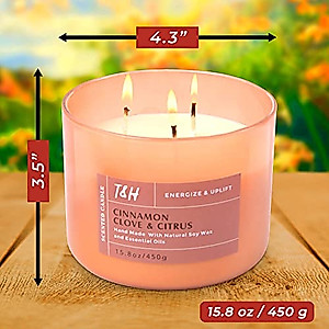 Cinnamon Clove Citrus Scented Candle with Vanilla, Ginger & Cedarwood | Highly Scented 3 Wick Soy Candles for Home 15.8 oz | Large Relaxing Aromatherapy Candle for Men & Women, Natural Cinnamon Candle
