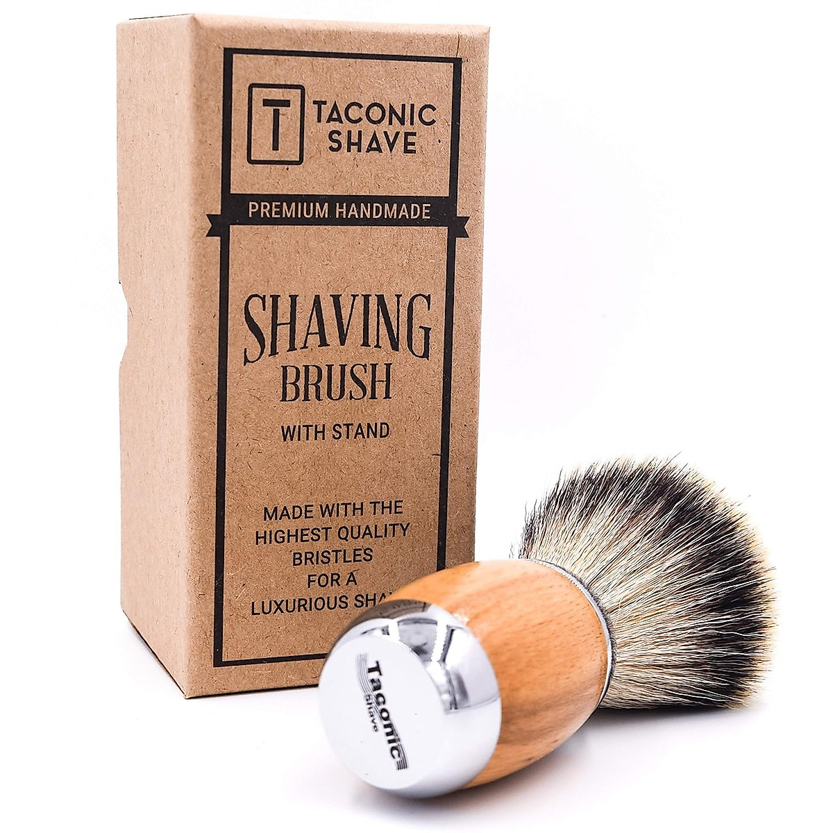 Taconic Shave's Synthetic Silvertip Luxury Shaving Brush – Deluxe Beechwood and Chrome Handle - Shaving Stand Included