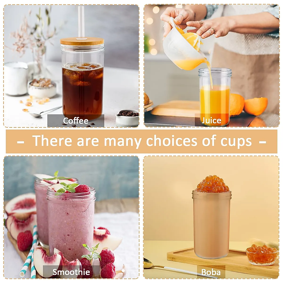 Glass Cups with Lids and Straws, 640ML Borosilicate Glass Tumbler Cups, 22 OZ Drinking Glasses 2pcs Set, Reusable Clear Iced Coffee Cups for Smoothie, Juice, Milk, Boba Tea, Homemade Beverages